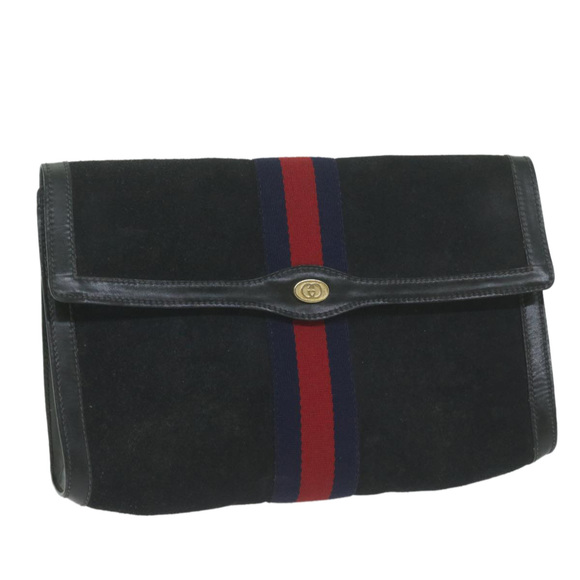 Gucci | Bags | Gucci Sherry Line Clutch Bag Suede Black Red Navy 37 4 ...